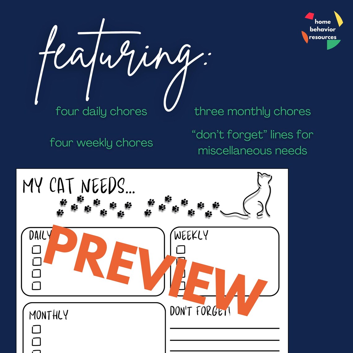 Cat Chore Chart for Kids: Daily, Weekly, Monthly Checklist (digital ...