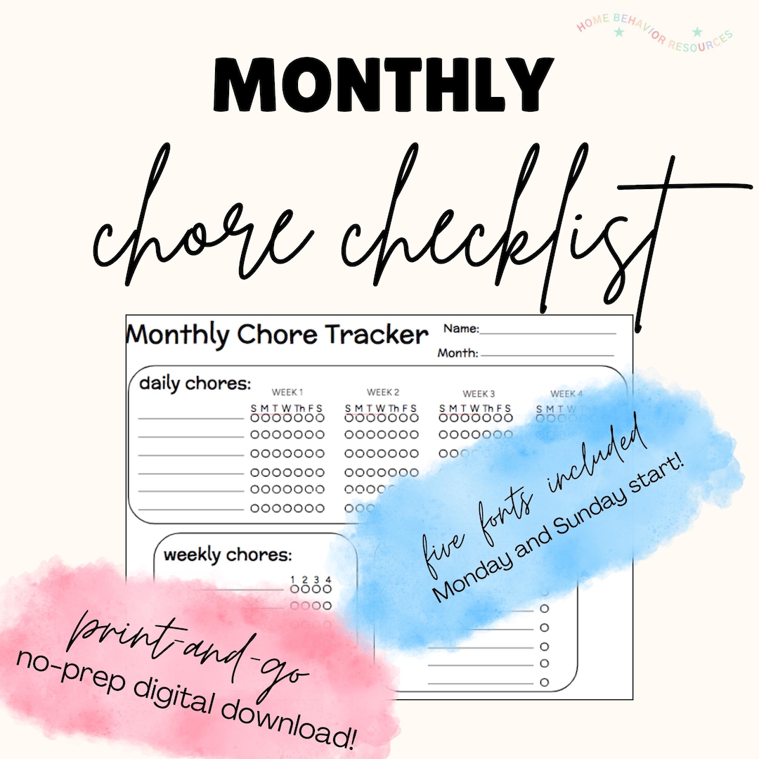Monthly Chore Checklist for Kids Teens Adults Daily Weekly Monthly ...