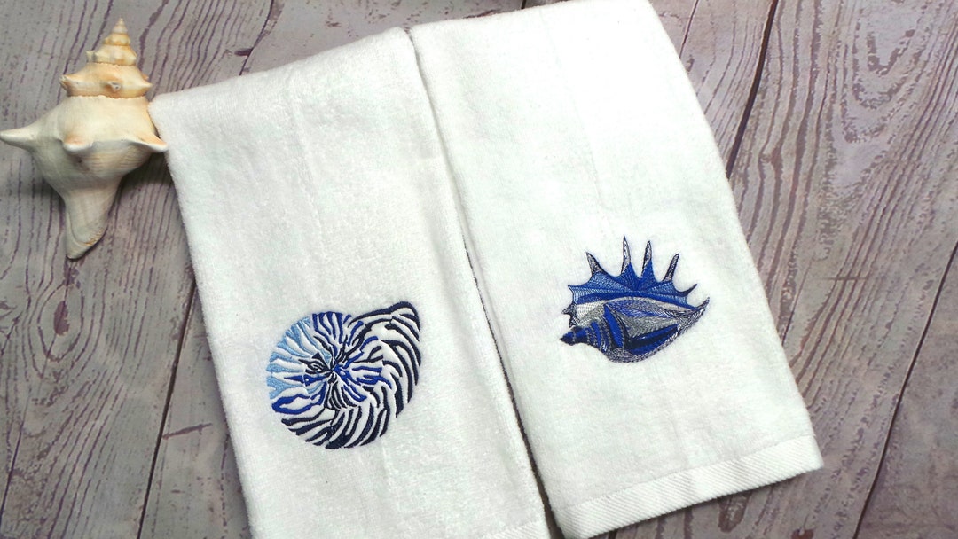 Seashell Hand Towels. (2) You Choose From 6 Towel Colors. Embroidered ...