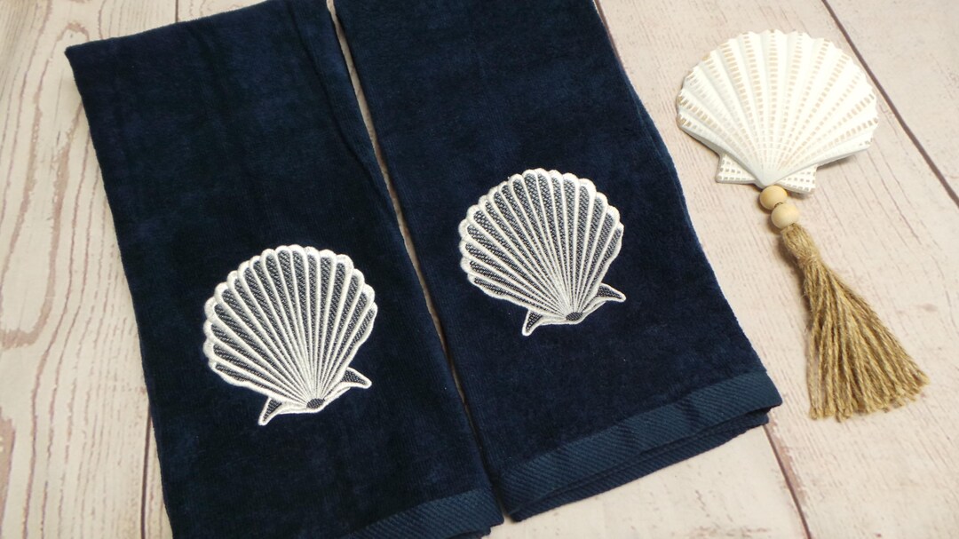 Seashell Hand Towel, 2 Scallop Embroidered Cotton Velour Towels ...