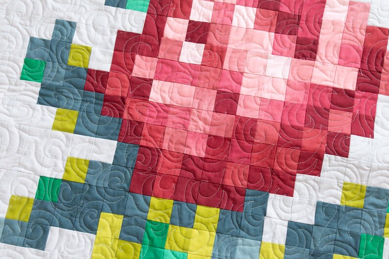 Modern Cross Stitch Pixel Rose Quilt Wall Hanging - 30"x30", Floral ...