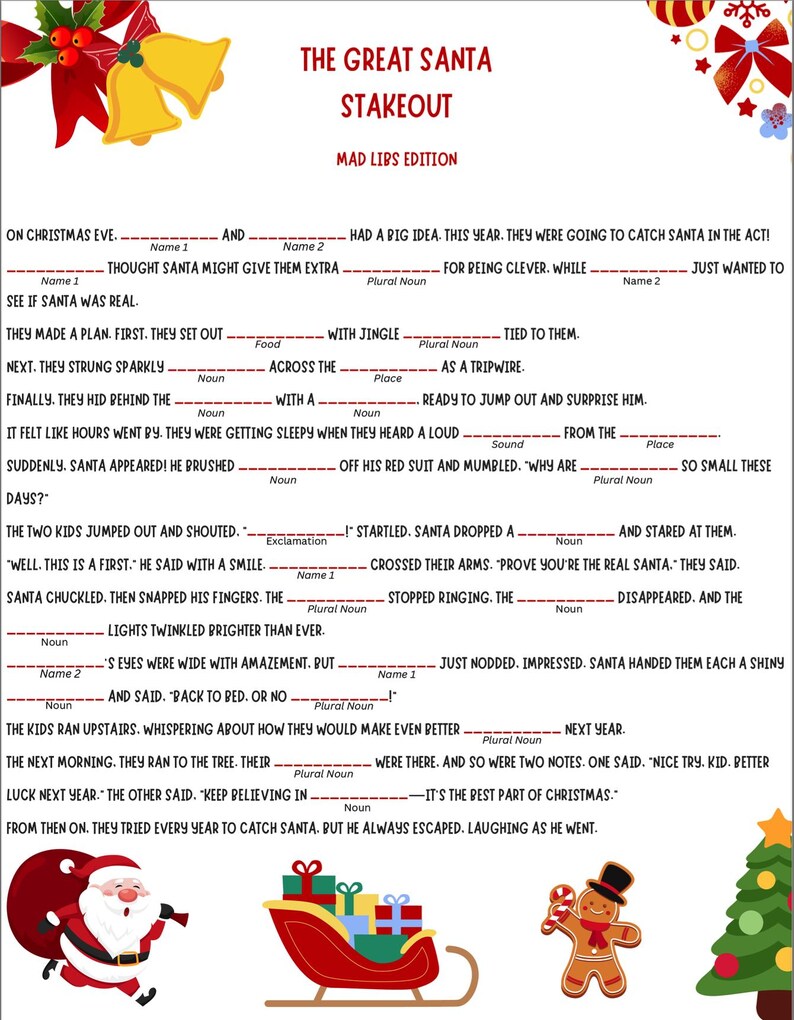 Christmas Santa Mad Libs Activity for Kids Printable Holiday Game 2 ...