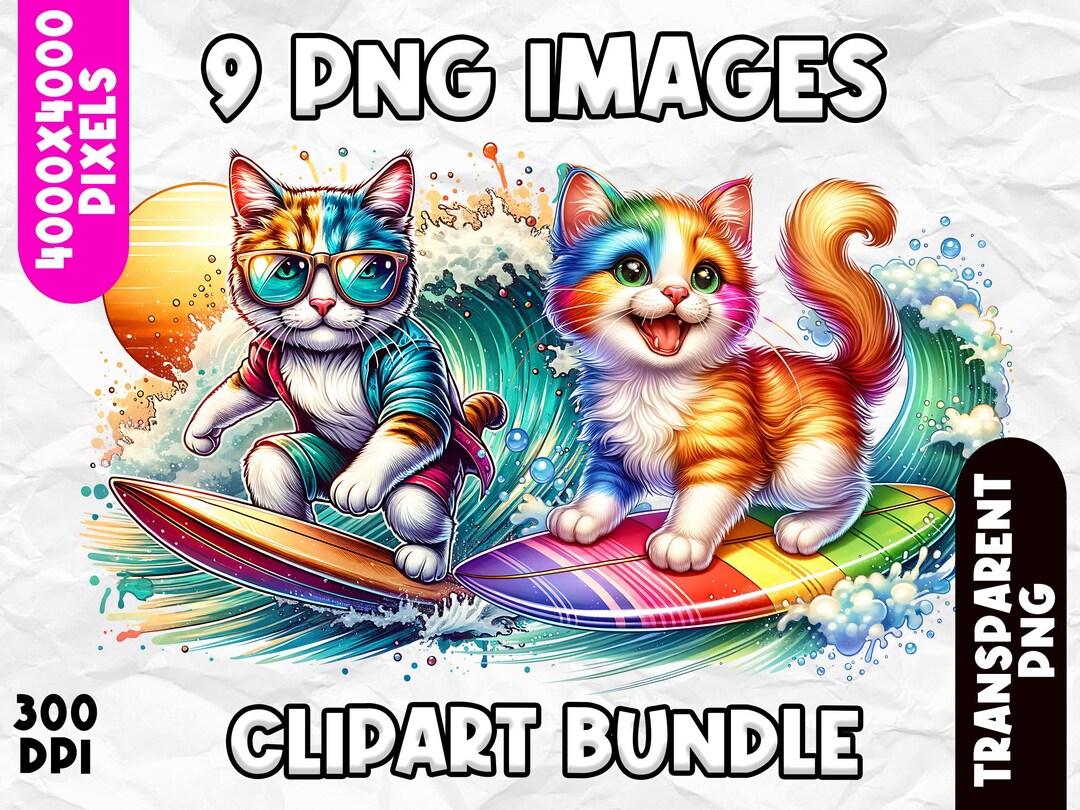 Surfing Cat Clipart, Cute Cat Surfing Illustration, Beach Cat Icon PNG ...