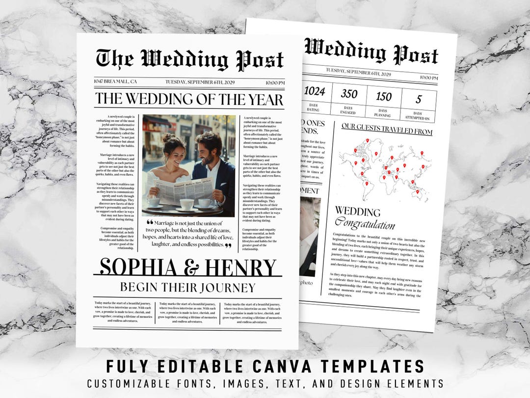Canva Wedding Newspaper Template, Editable Wedding Itinerary, Wedding ...
