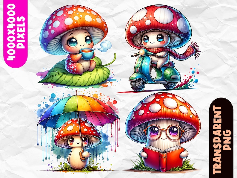 Cute Mushroom Clipart, Mushroom Art PNG, Mushroom Illustrations, Cute ...