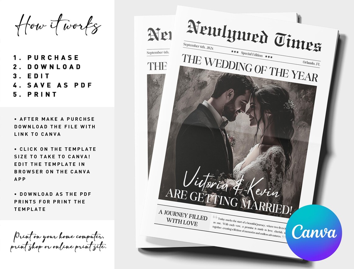 Canva Wedding Newspaper Template, Editable Wedding Itinerary, Wedding ...