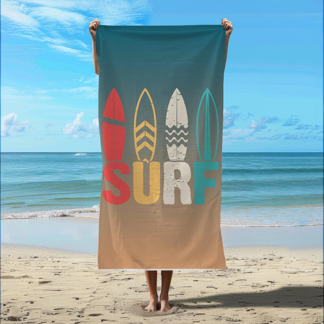 Retro Surfboard Beach Towel - Vintage Surf Design for Beach, Pool ...
