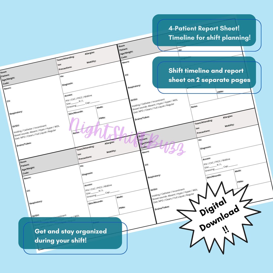 4-patient Nurse Report Sheet, Separate Timeline Included, Nurse Brain ...
