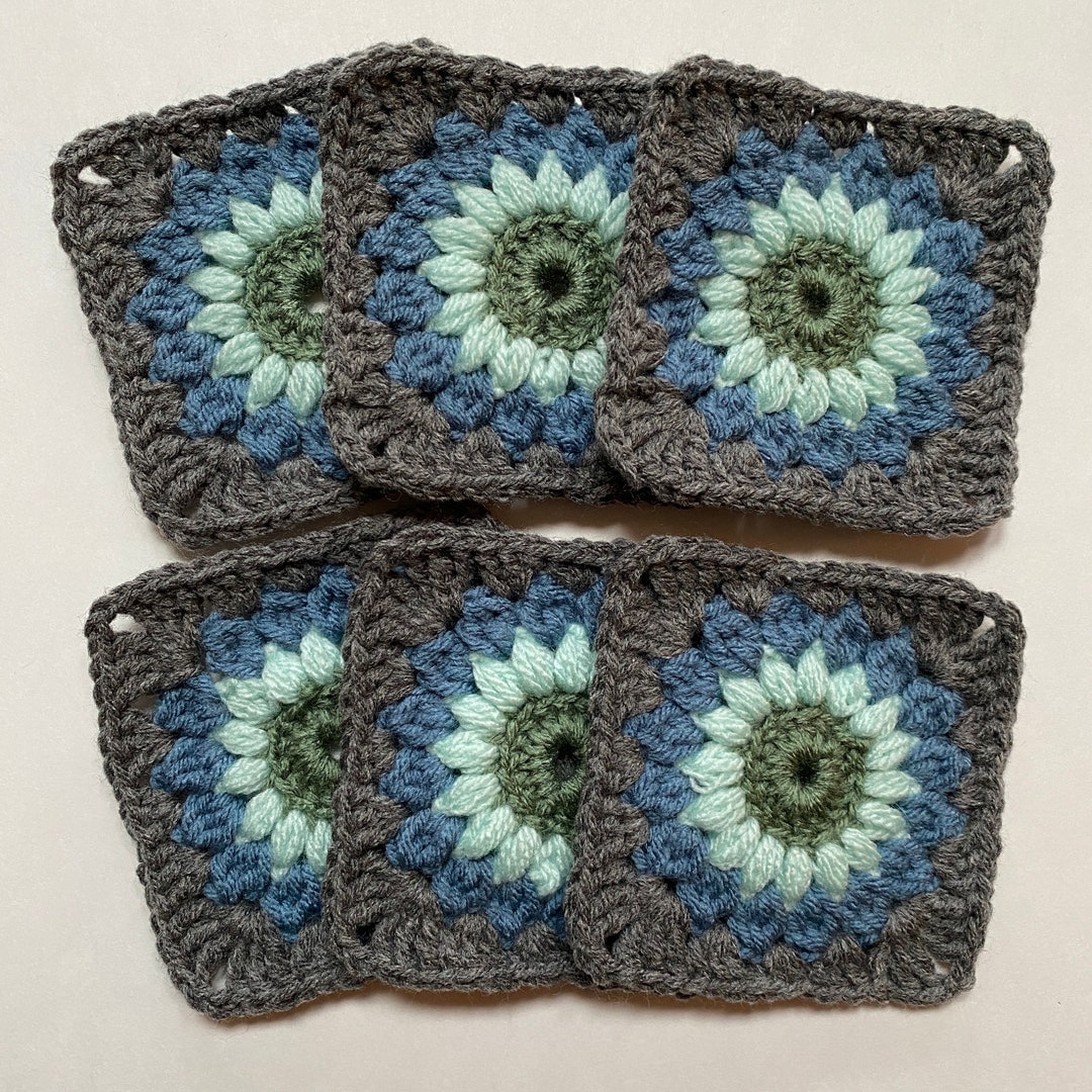 Crocheted Granny Square Coasters 70s Style Home Decor Blue Green Grey ...
