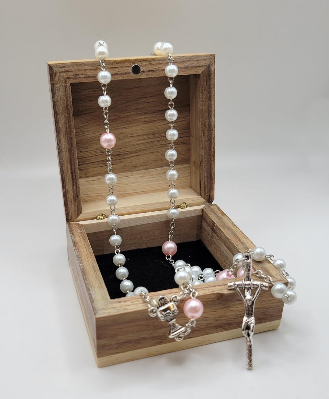 Personalized Baby Pink Rosary Beads Necklace With Wooden Box - Etsy