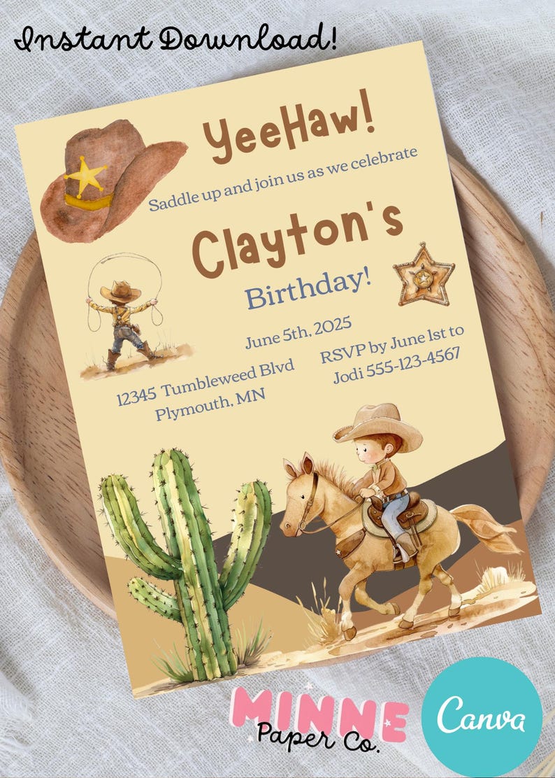 Cowboy Birthday Invitation: Wild West Horse Theme (PDF, 5x7, Instant ...