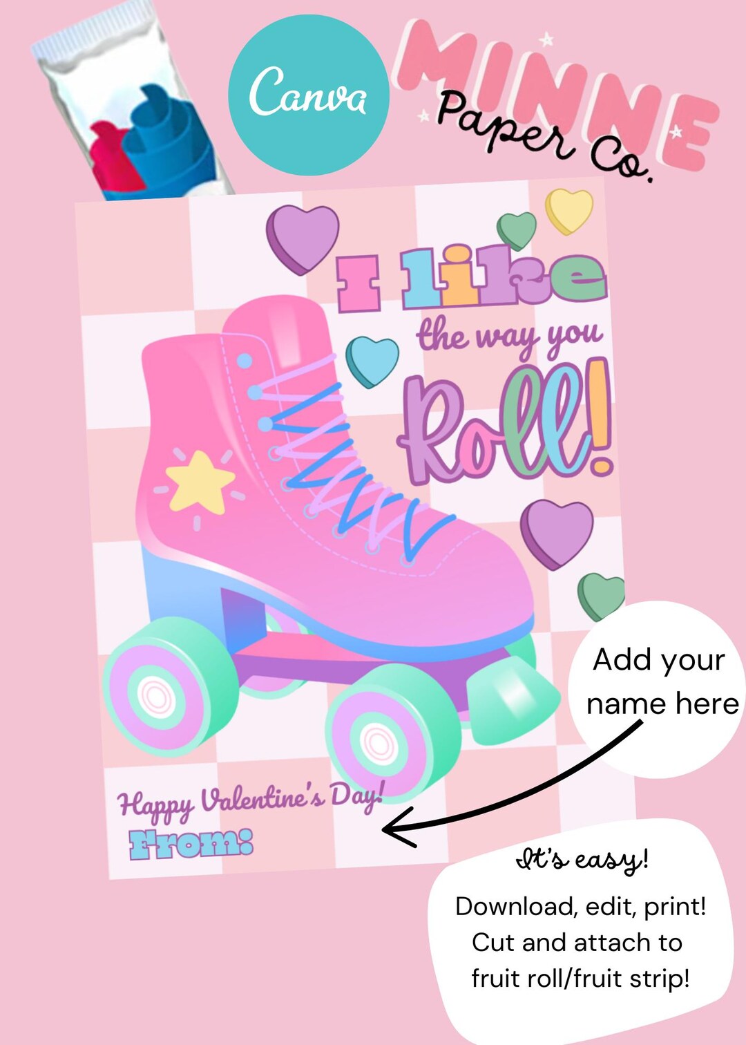 Roller Skate Valentine Card: Printable Kids Classroom Favor (digital ...