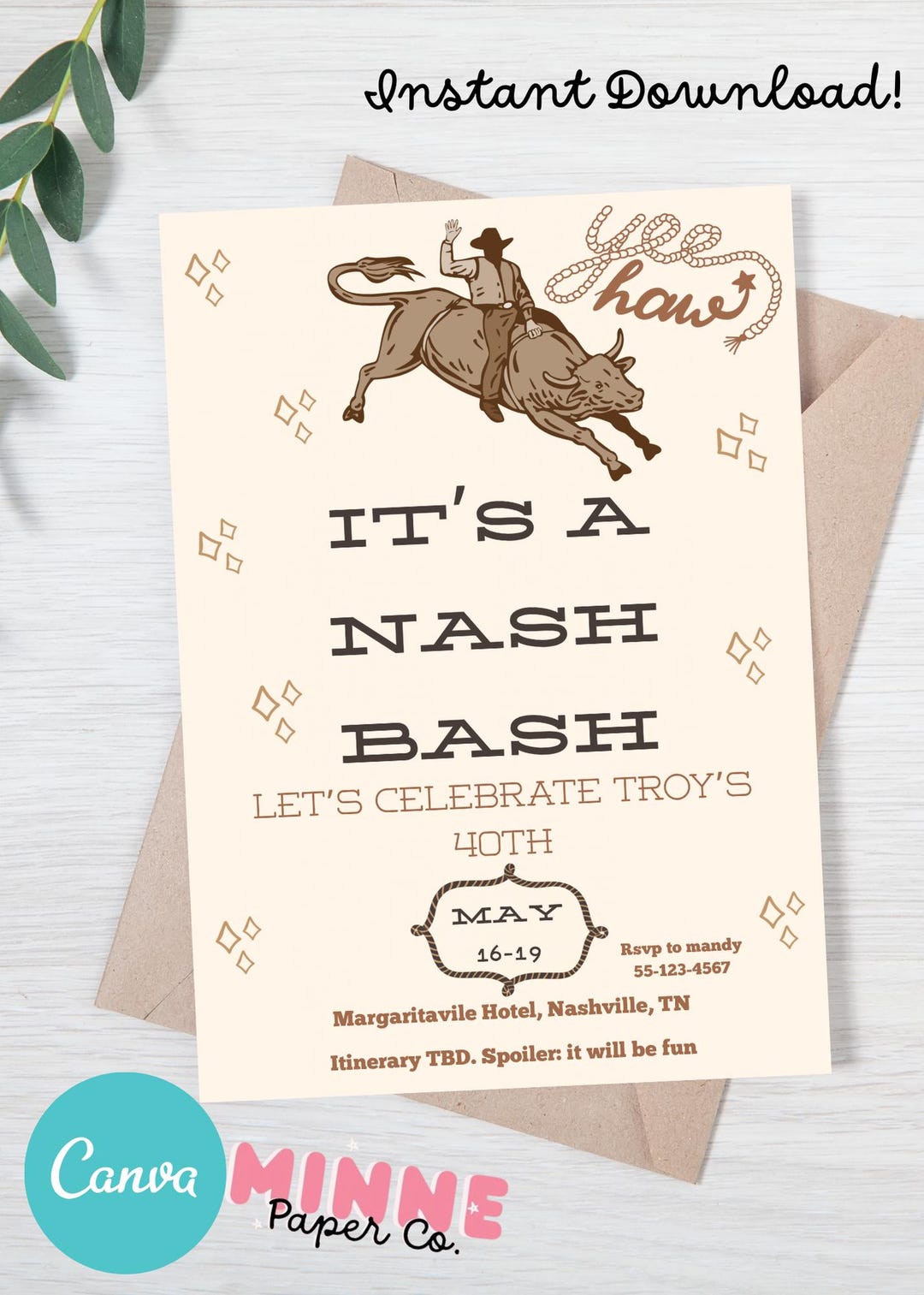 Nashville Nash Bash Invitation: Cowboy Rodeo Birthday Party Invite ...