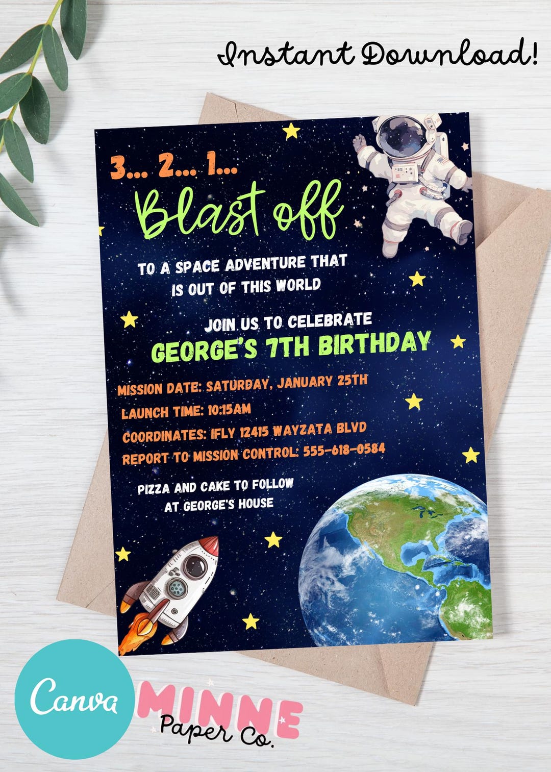 Kids Space Galactic Galaxy Astronaut Stars Birthday Party Invite ...