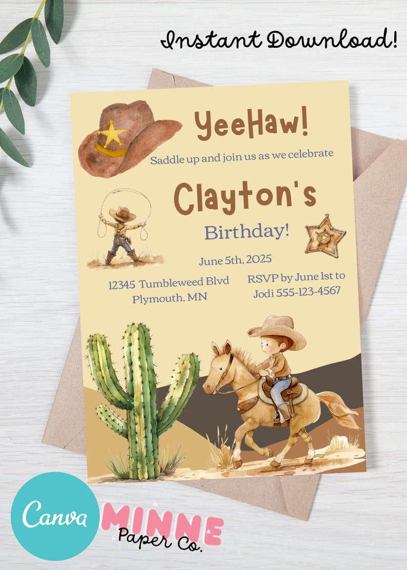 Cowboy Birthday Invitation: Wild West Horse Theme (PDF, 5x7, Instant ...