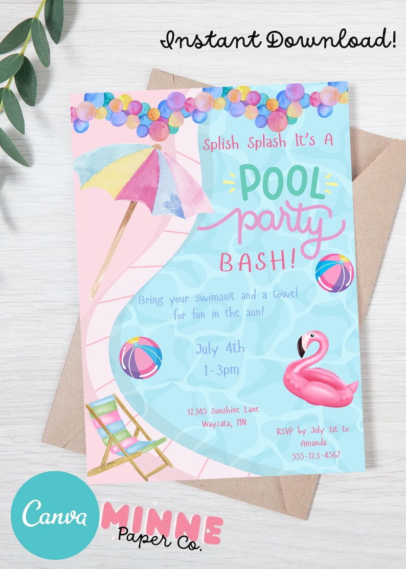 Pool Party Bash Birthday Party Invitation, Pool Invite, (editable Instant Download, PDF, 5x7 ...