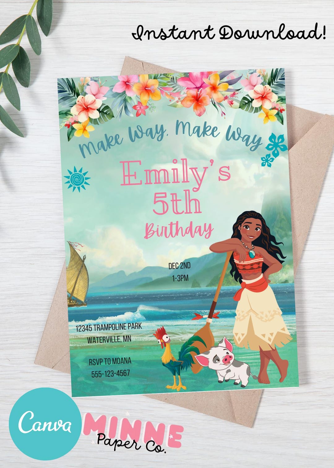 Hawaiian Princess Make Way Birthday Party Invite Editable Instant ...