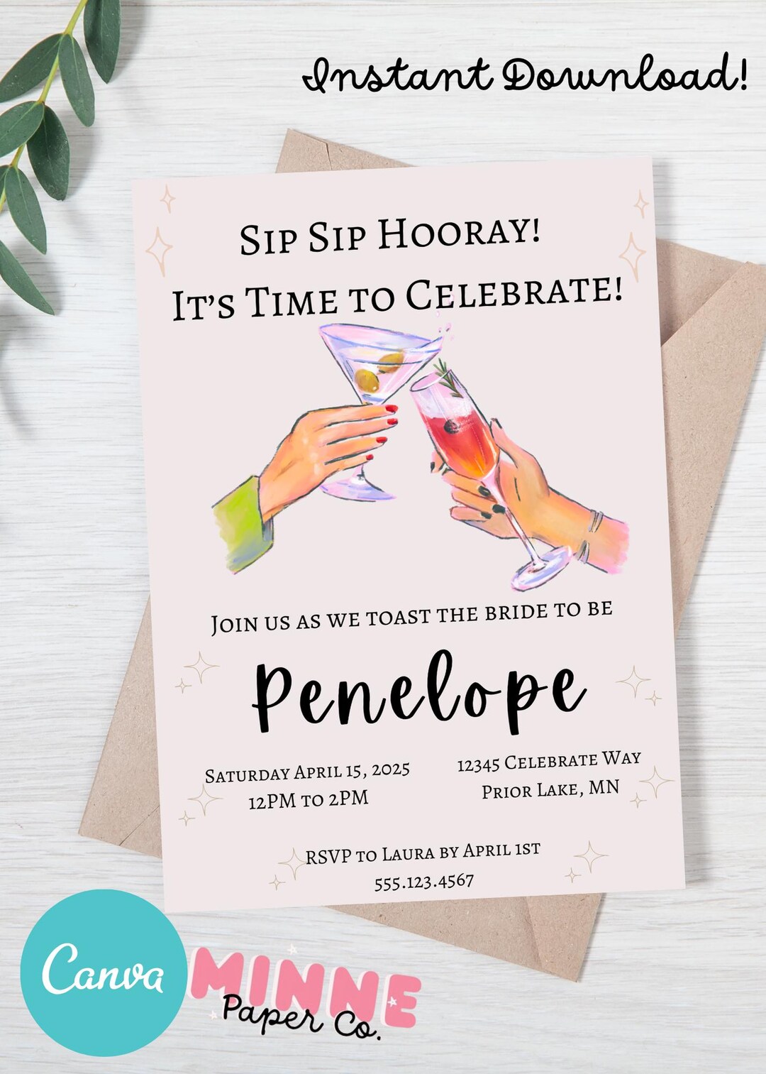 Bridal Shower Invitation: Sip Sip Hooray, Editable Template (editable ...
