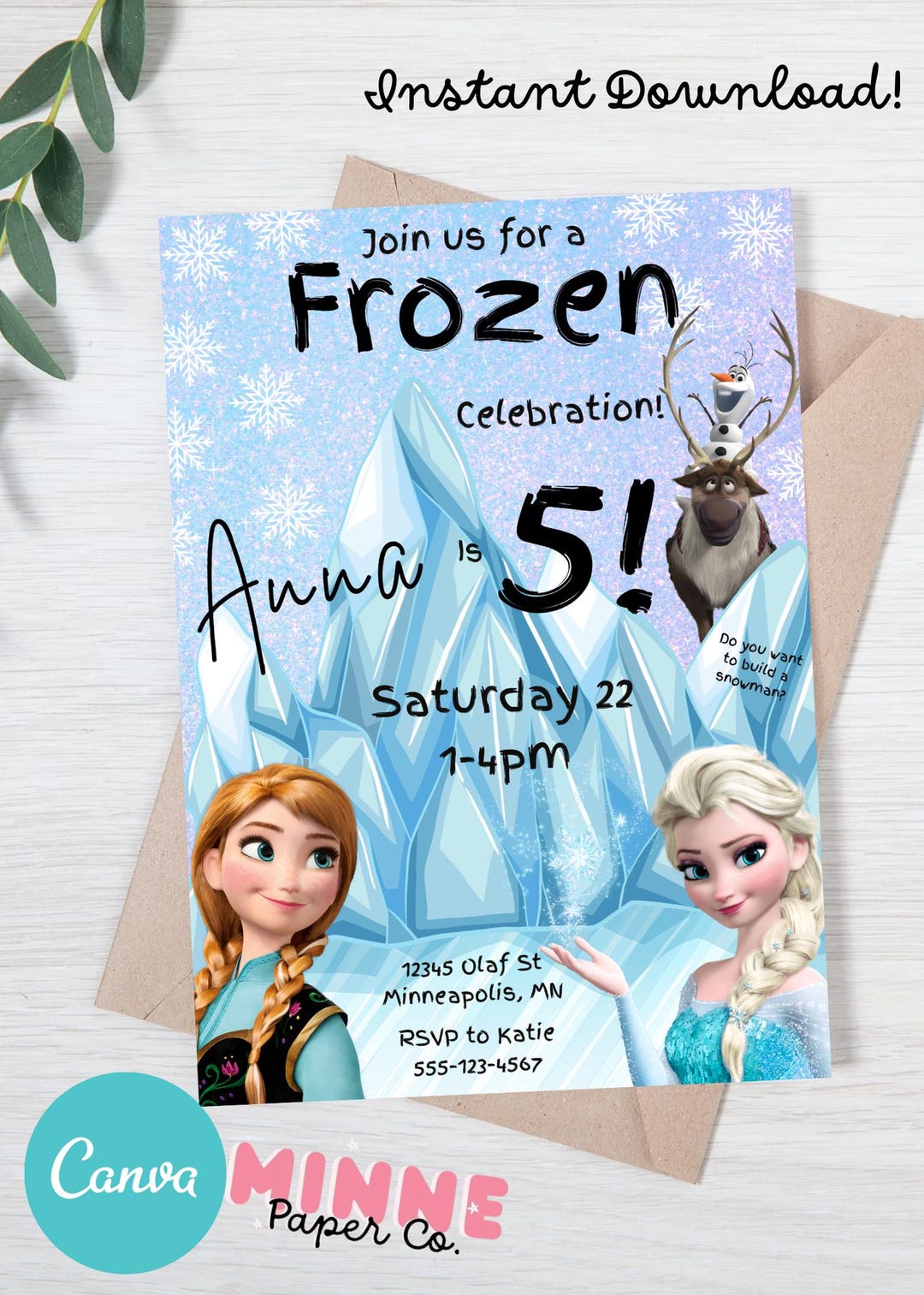 Ice Princess Birthday Party Invitation: Freeze Princess Theme, Snowman ...