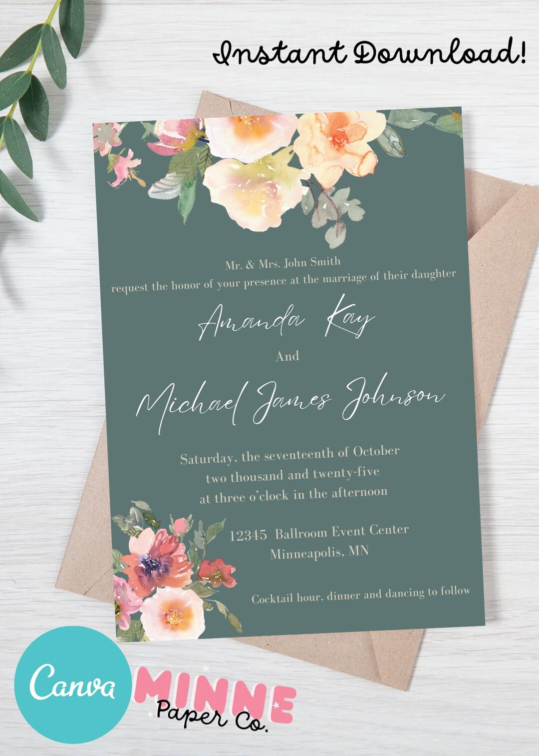 Classic Green Floral Wedding Invitation, Editable Instant Download, PDF ...