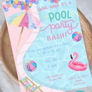 Pool Party Bash Birthday Party Invitation, Pool Invite, (editable ...