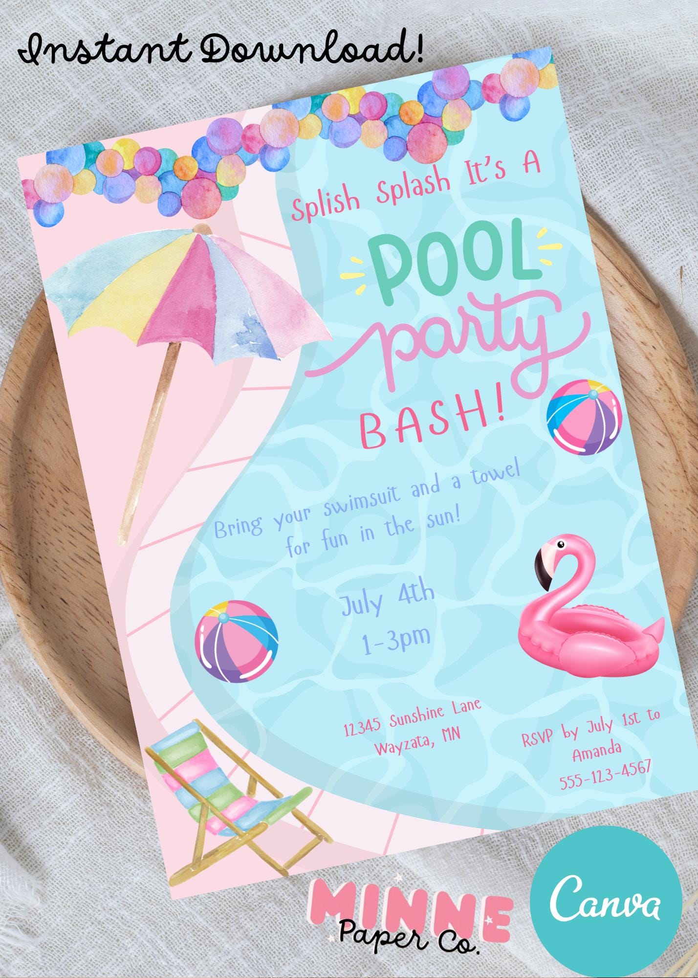 Pool Party Bash Birthday Party Invitation, Pool Invite, (editable ...