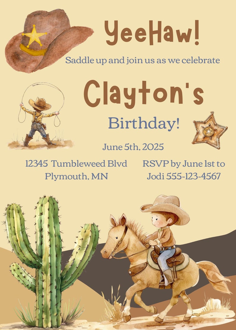 Cowboy Birthday Invitation: Wild West Horse Theme (PDF, 5x7, Instant ...