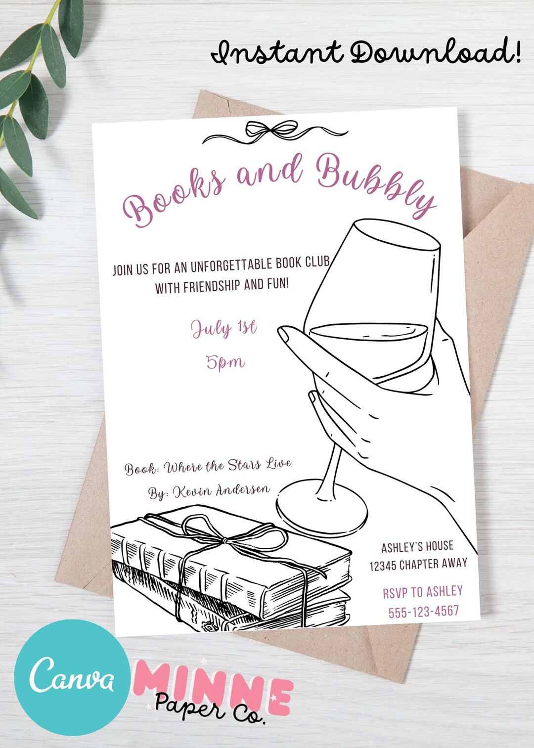 Books and Bubbly Book Club Invite, Book Club Party Invite, Girls Night ...