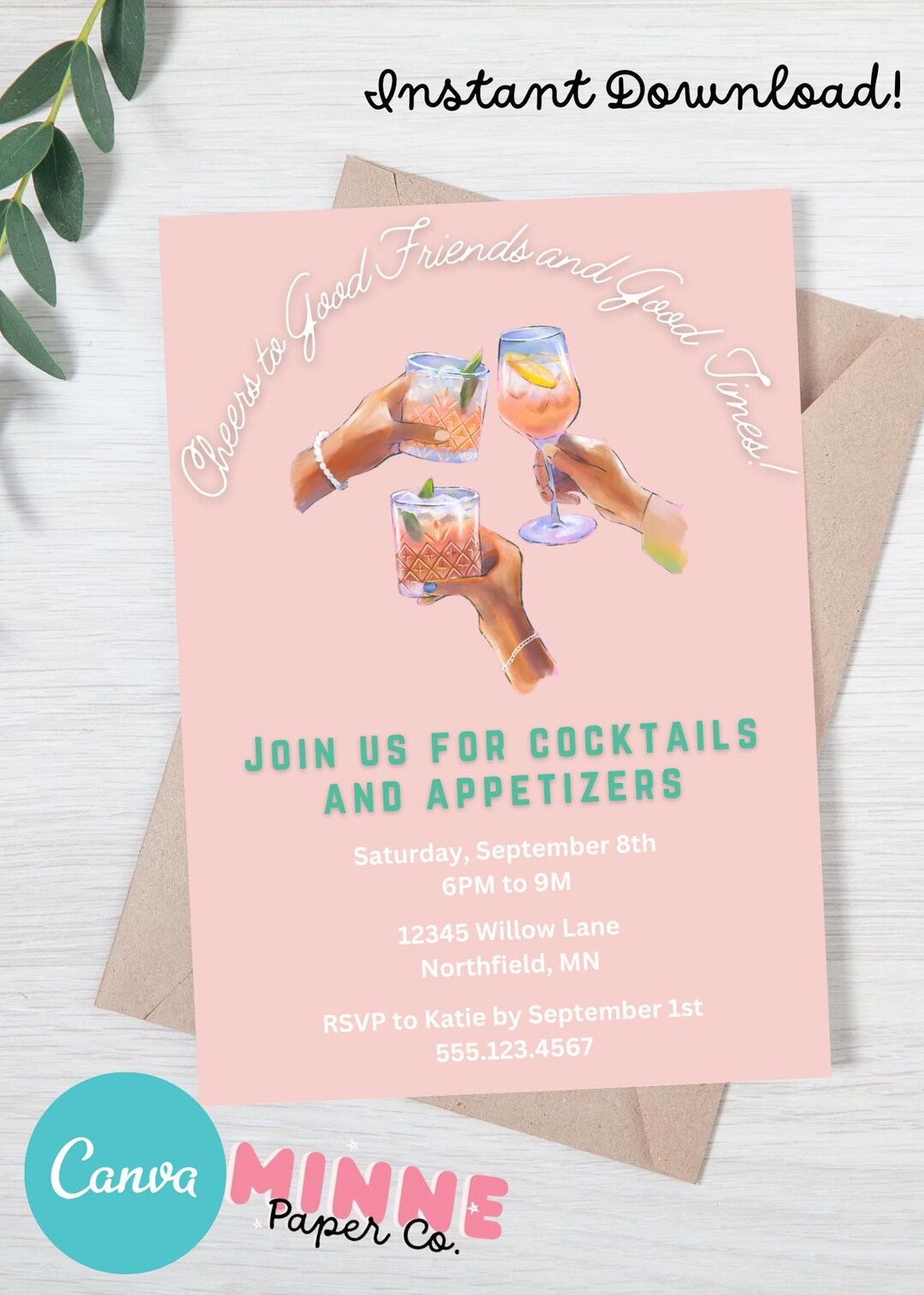 Cheers Cocktail Friends Party Invitation, Editable Instant Download ...