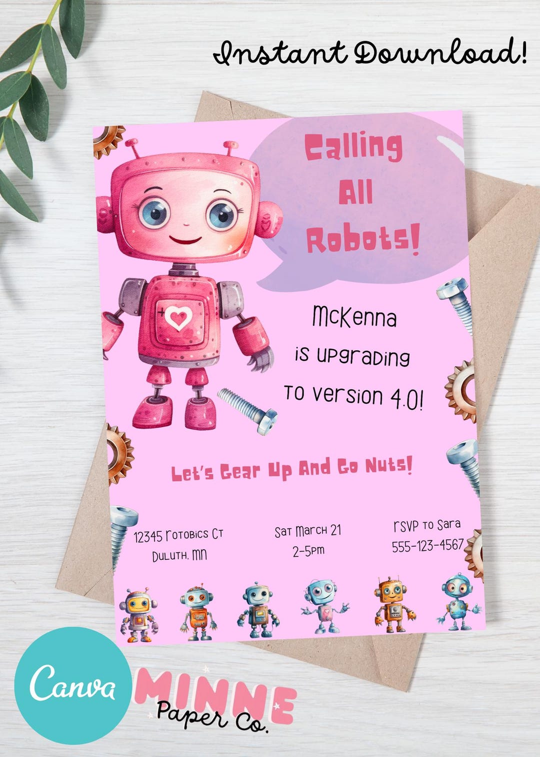 Girl Robot Robotics Birthday Party Invite, Editable Instant Download ...