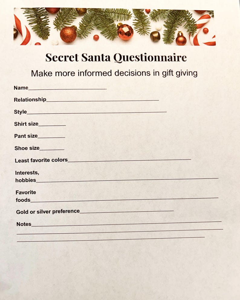 Secret Santa Questionnaire Printable Holiday Gift Exchange Planner ...