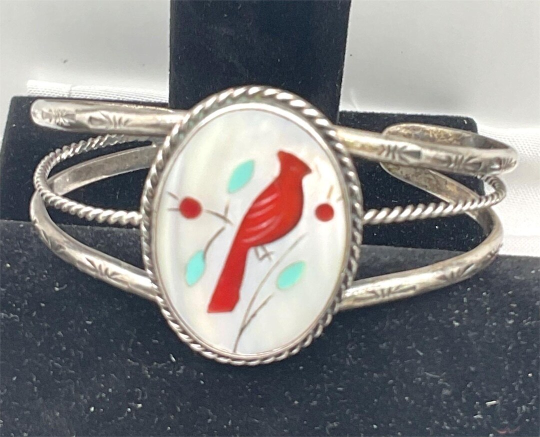 Vintage Sterling Silver Zuni Cardinal Inlay Cuff - Etsy