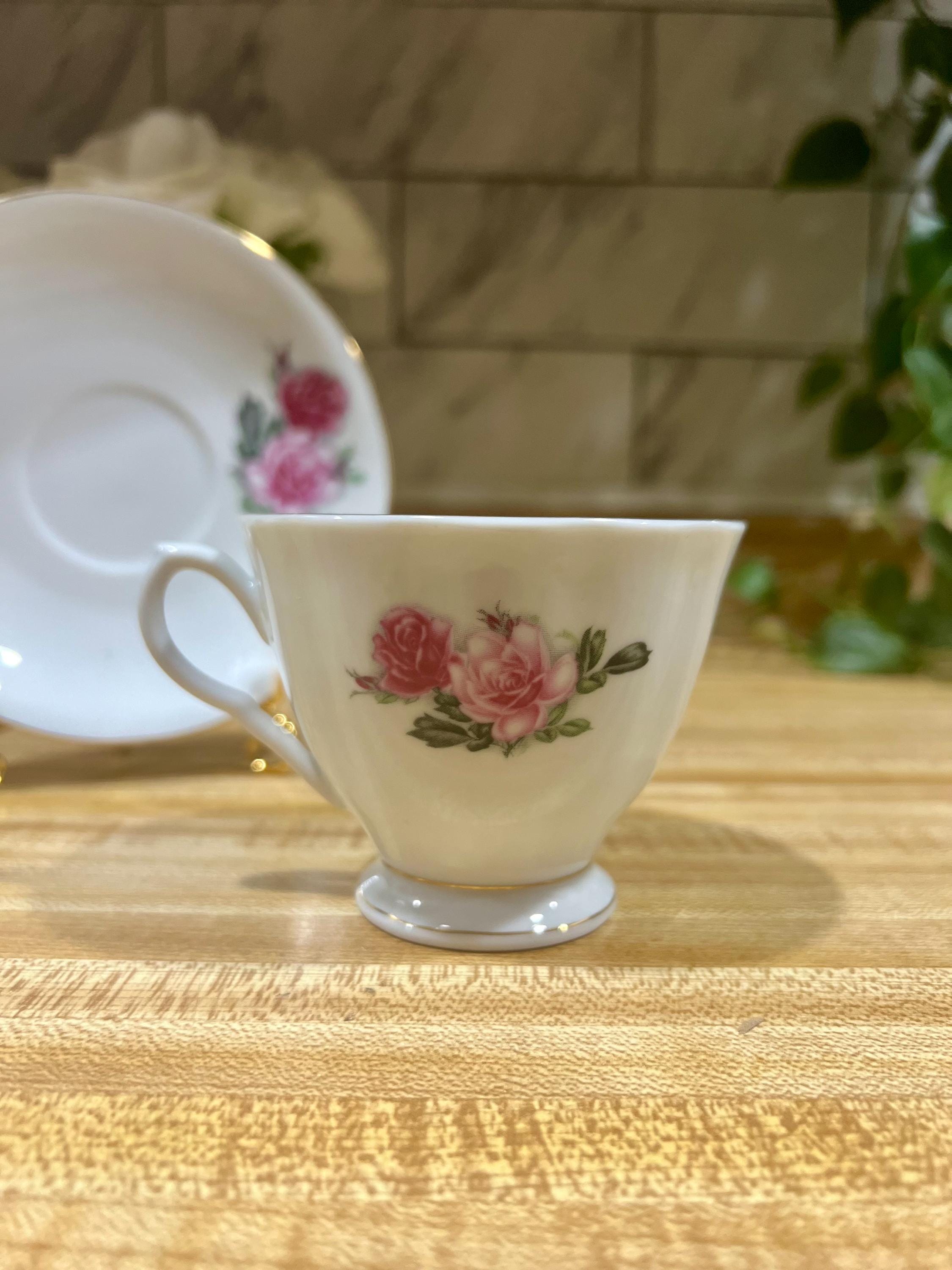 Vintage Tea Cup and Saucer China White With Pink Roses Cottage Core Tea ...