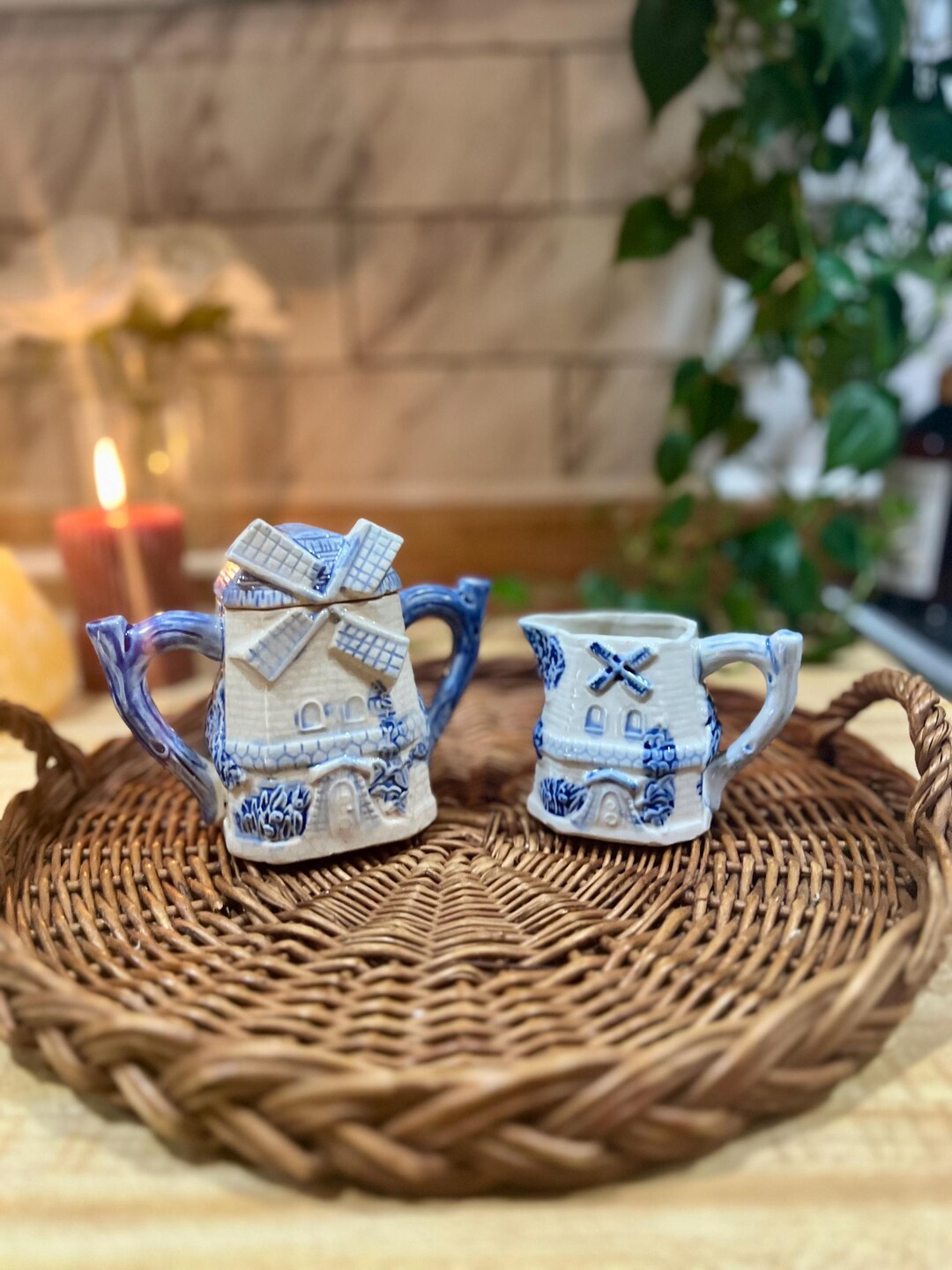 Vintage Blue and White Creamer and Sugar Bowl Set - Windmill Design ...