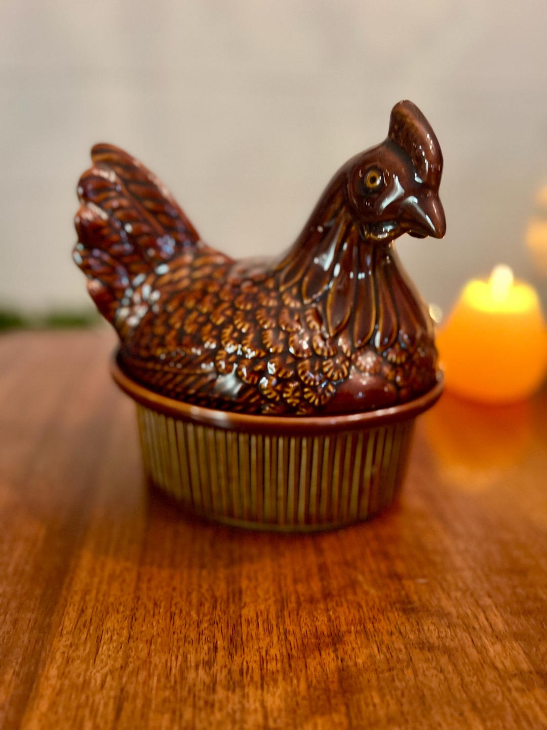Vintage Majolica Hen on Basket Butter Dish Chicken Decor Thanksgiving ...
