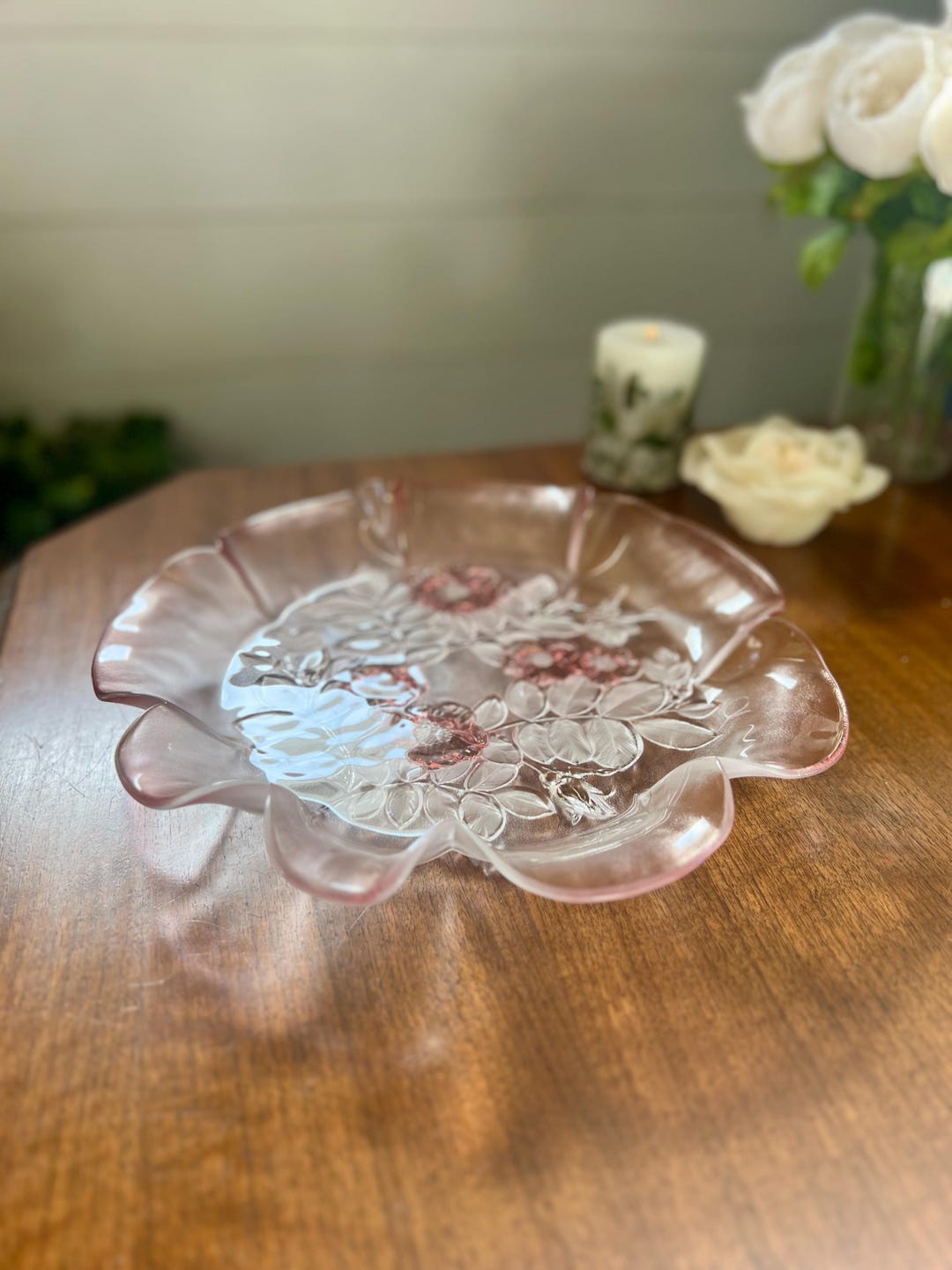 Vintage Mikasa Flower Blossom Pattern Rosella Pink Crystal Serving Dish ...