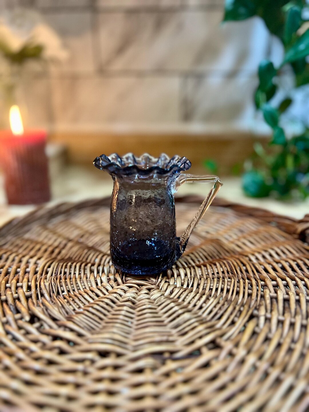 Vintage Purple Cracked Blow Glass Pitcher Amethyst Glass With Crimped ...