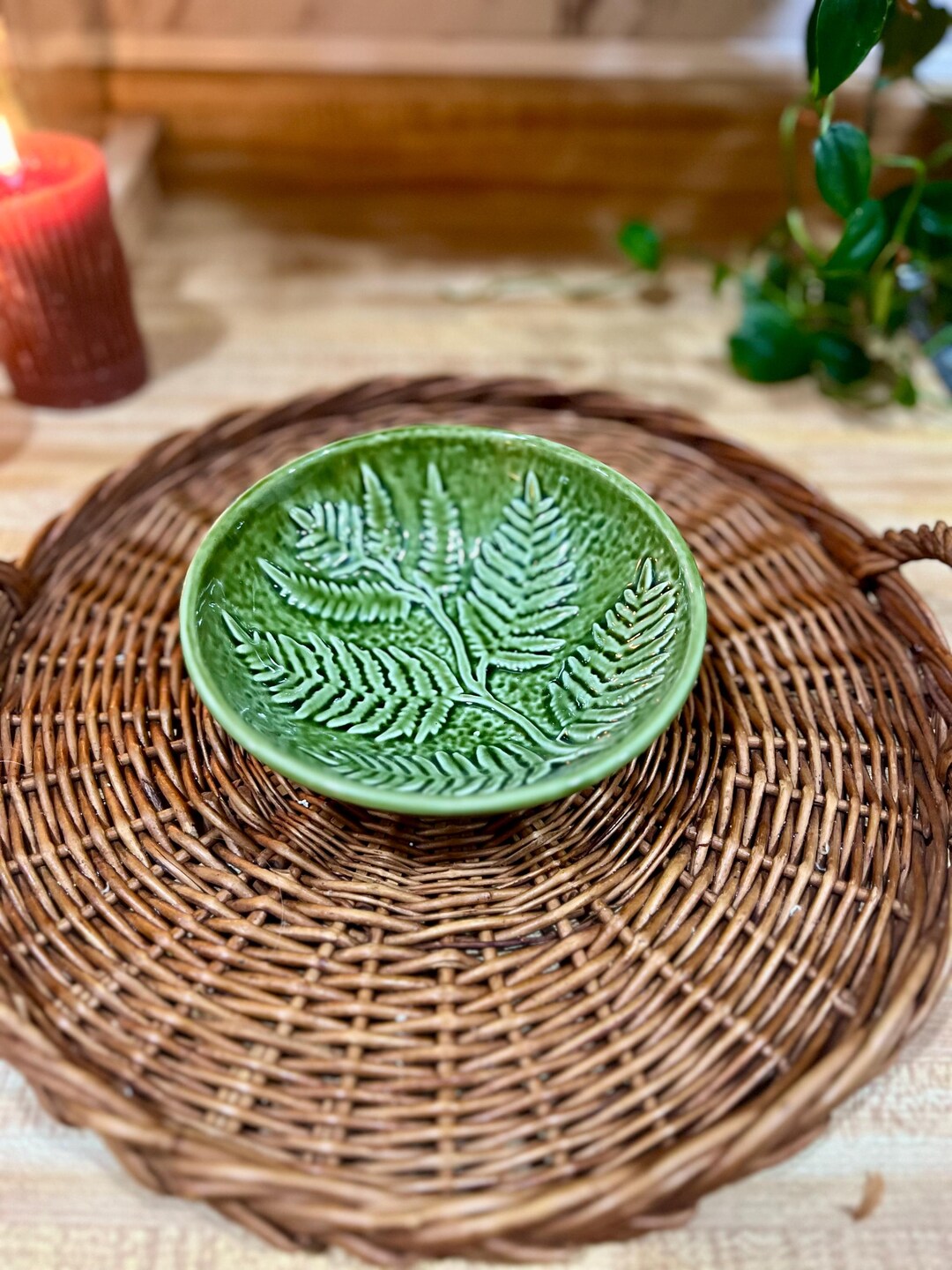 Vintage Olfaire Fern Plate Portugal Majolica Bowl Green Dish Pottery 6 ...