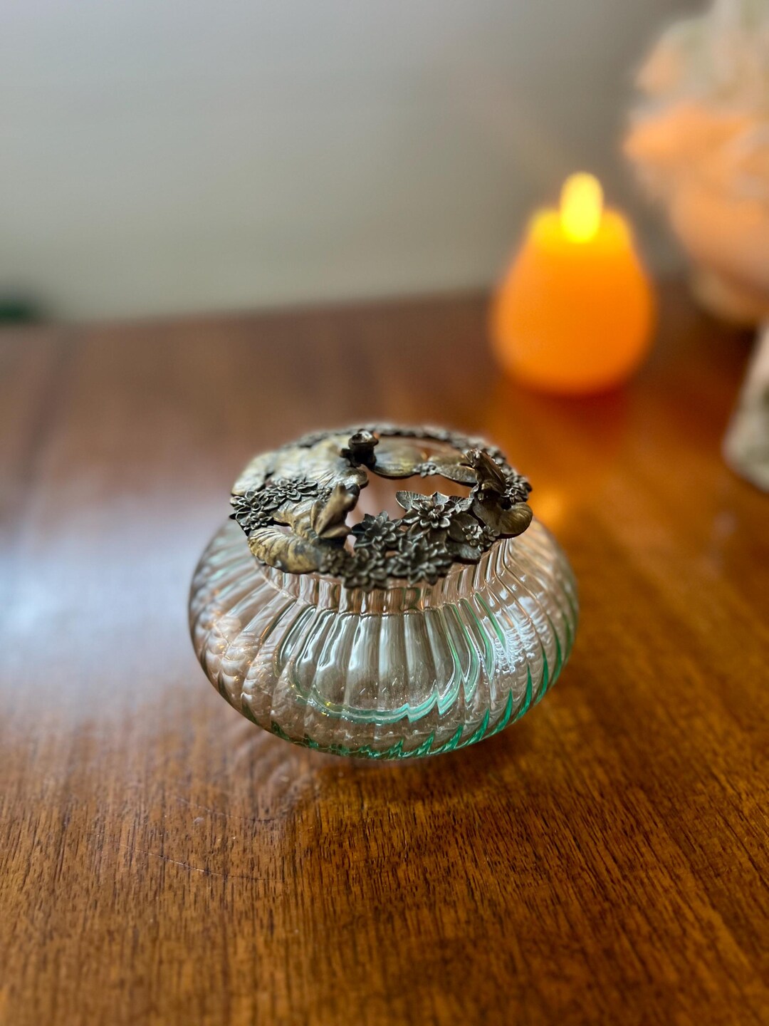 Vintage Pewter and Glass Potpourri Dish Frog Lid Green Glass Rawcliffe ...