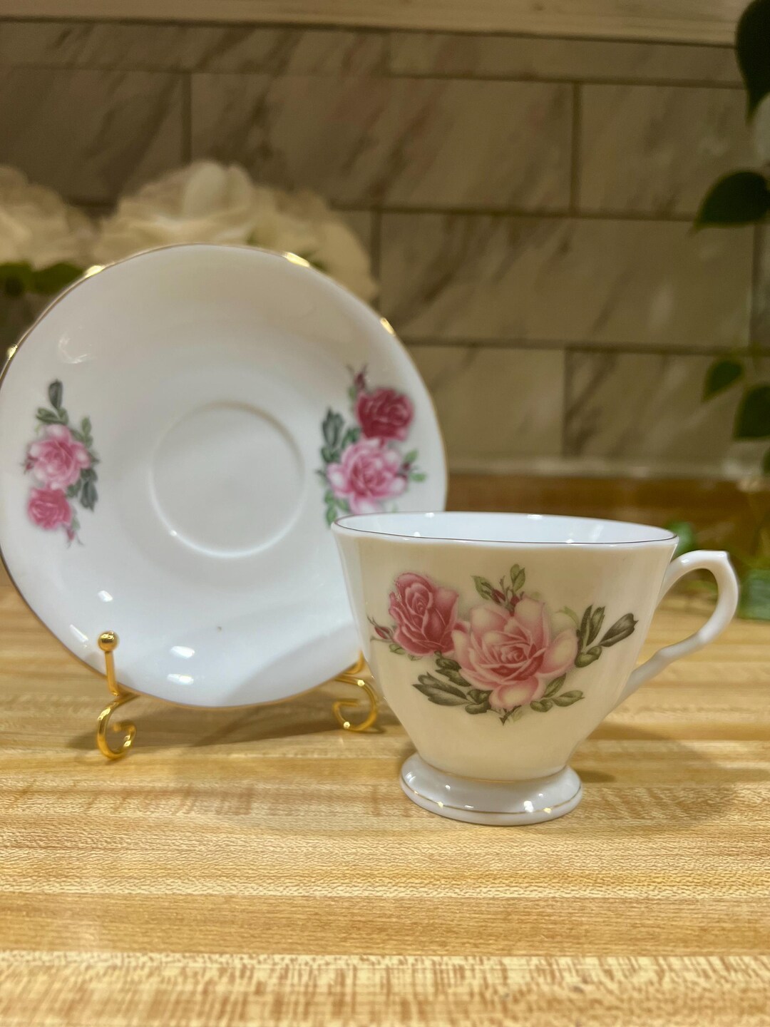 Vintage Tea Cup and Saucer China White With Pink Roses Cottage Core Tea ...