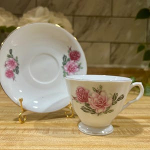 Vintage Tea Cup and Saucer China White With Pink Roses Cottage Core Tea ...