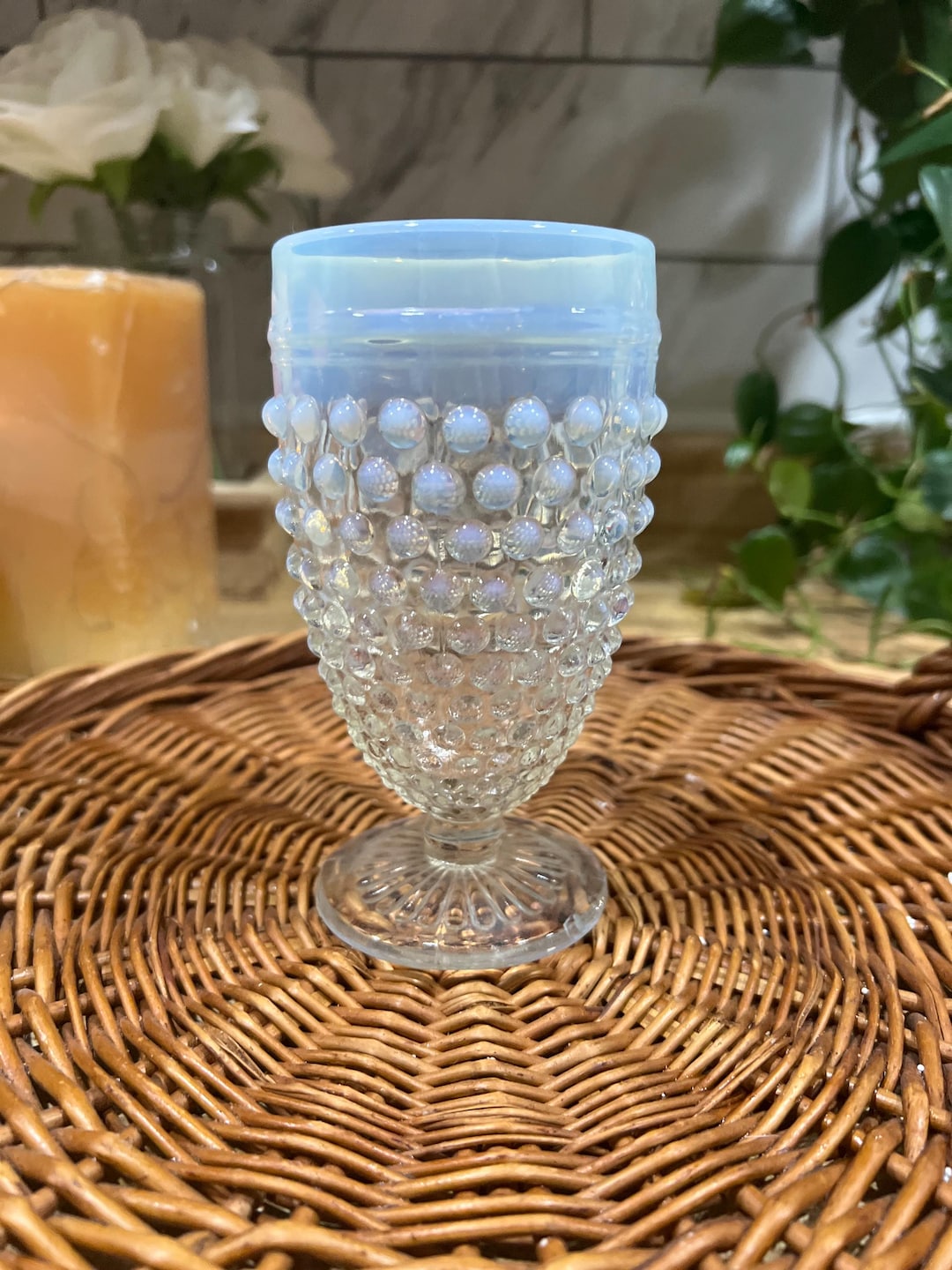 Vintage Anchor Hocking Hobnail Water Goblet Moonstone Opalescent Glass ...
