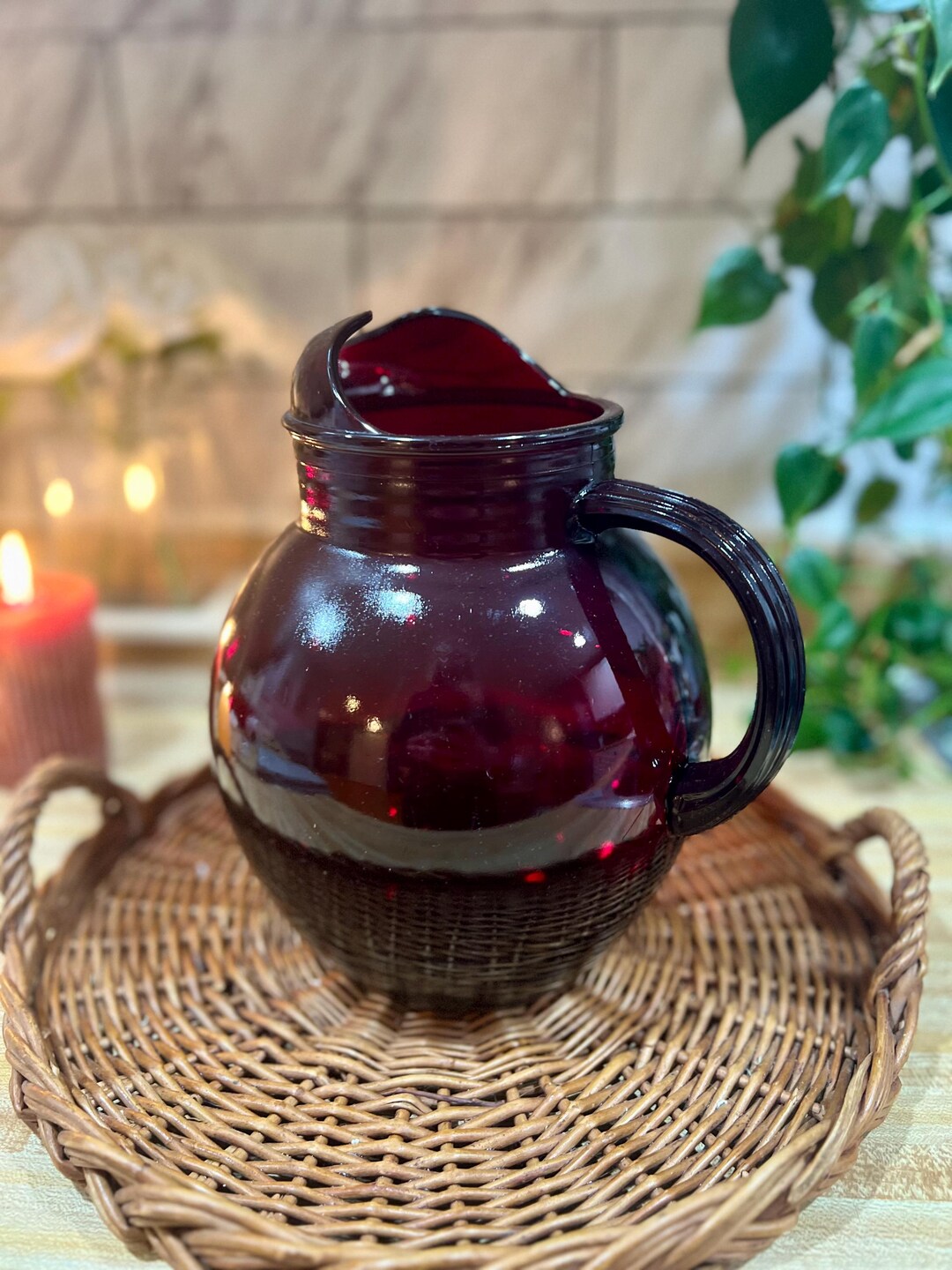 Vintage Anchor Hocking Ruby Red Glass Water Jug Iced Tea Pitcher 96oz ...