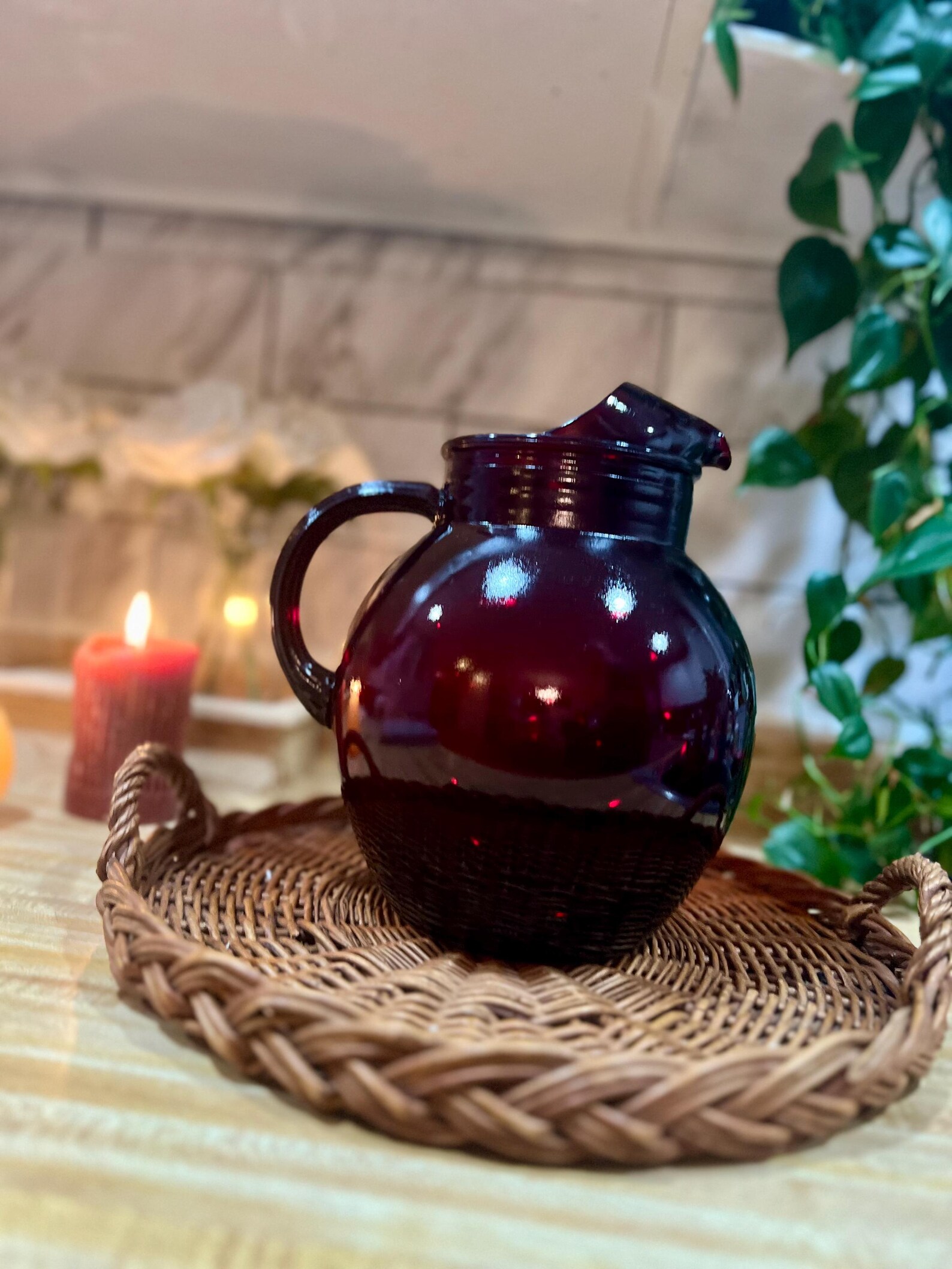 Vintage Anchor Hocking Ruby Red Glass Water Jug Iced Tea Pitcher 96oz ...