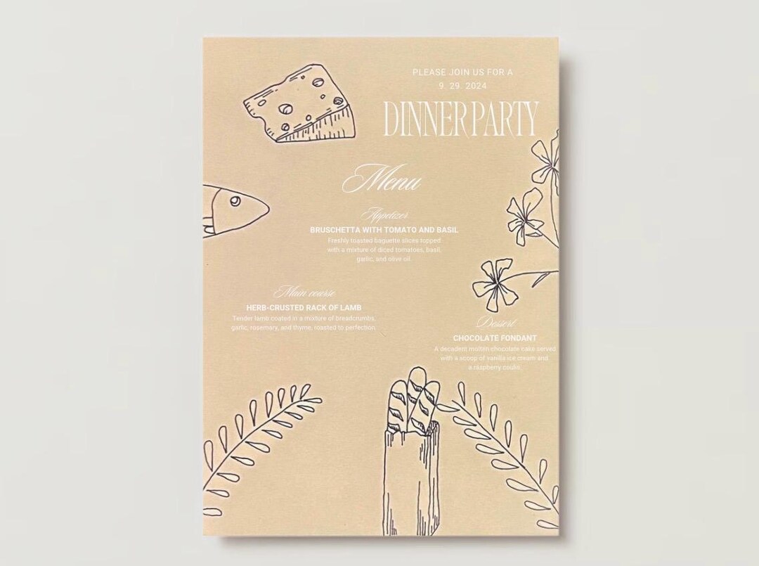 Hand Drawn Dinner Party Invitation & Menu Template - Etsy