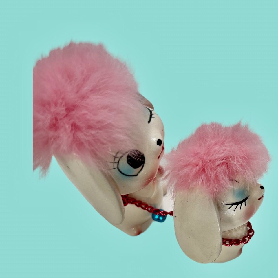 Vintage Japan Kitsch Big Eye Wink Furry Puppy Dog Figurines Pink Fur ...