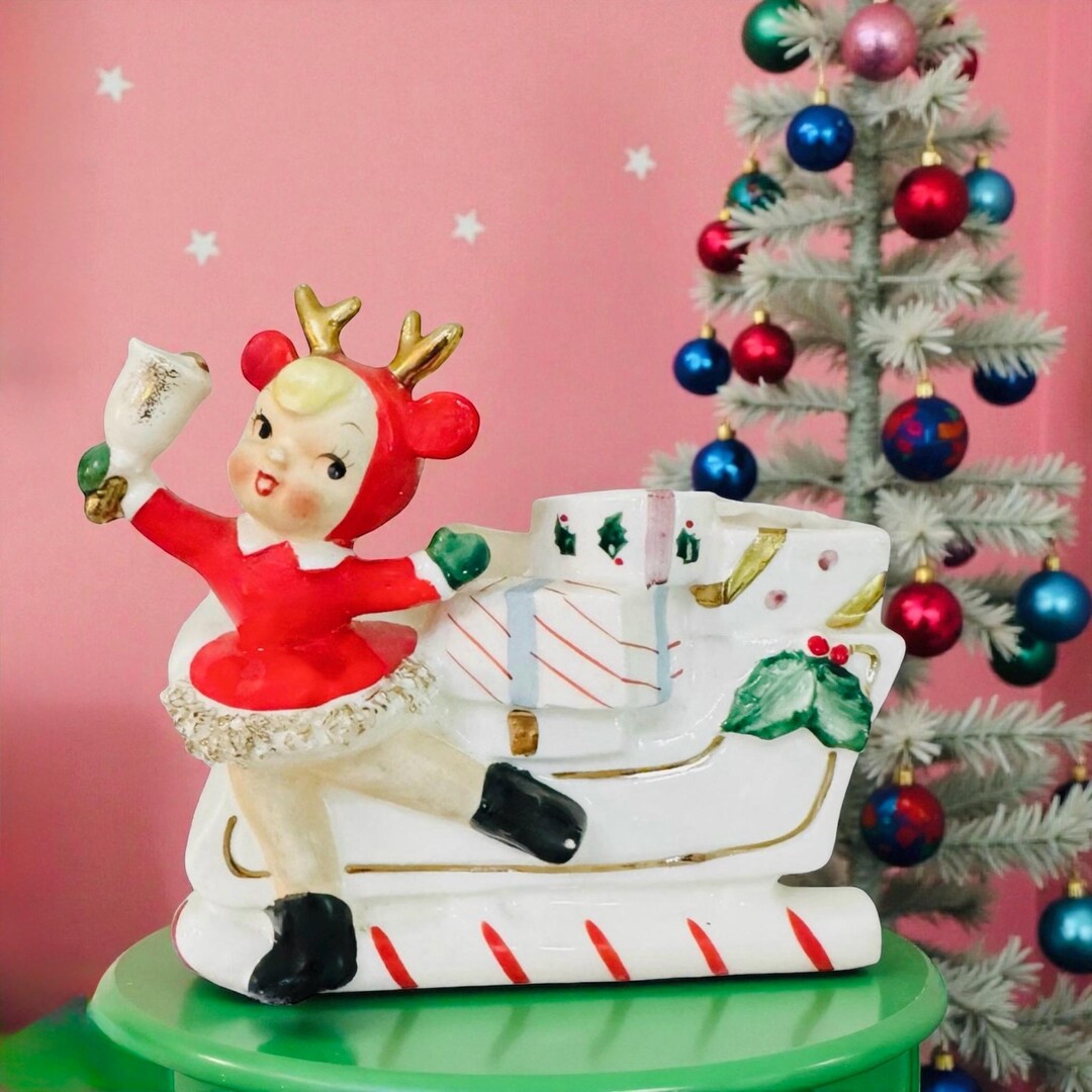 Vintage Relpo Christmas Ice Skater Girl Reindeer Candy Cane Planter ...