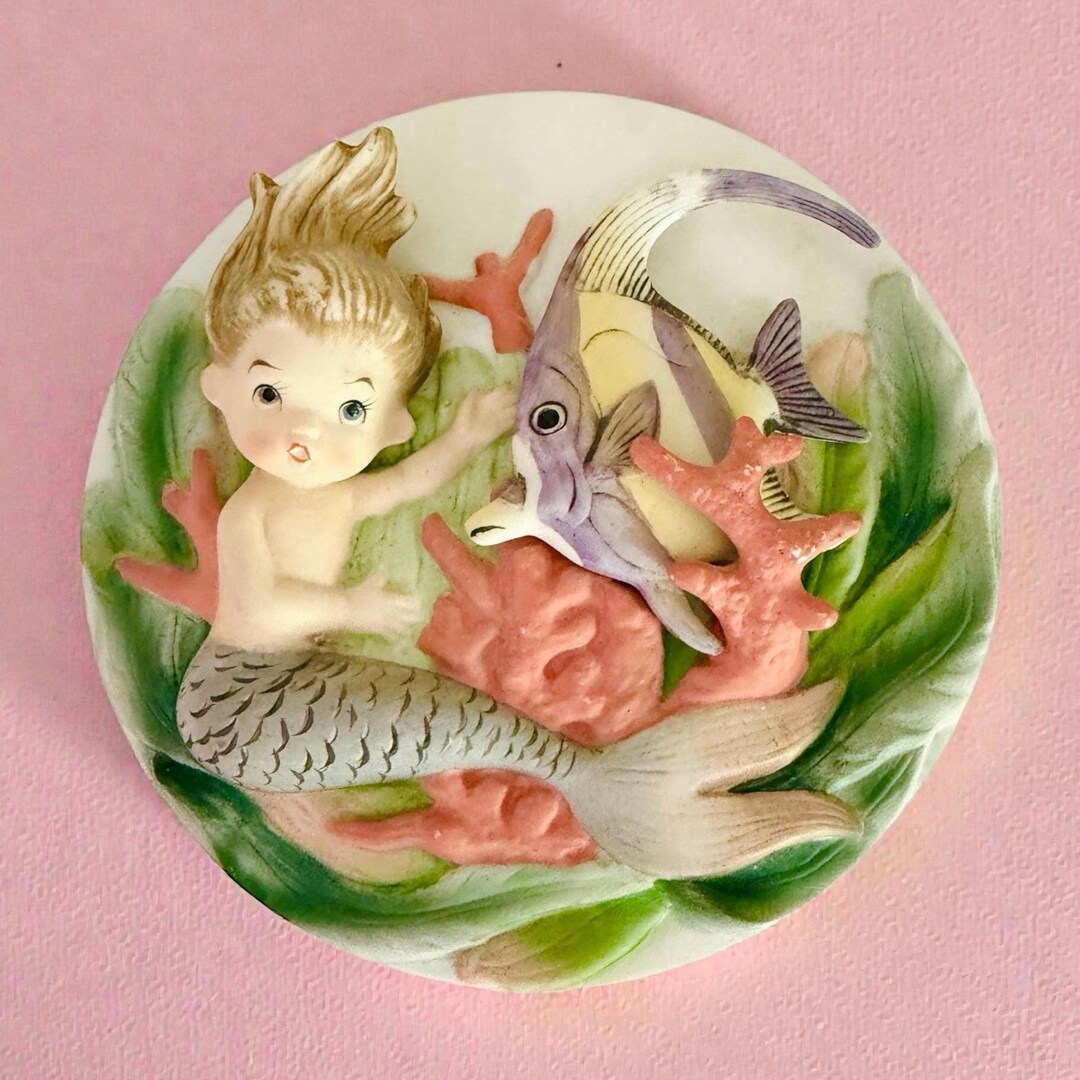 Vintage Lefton Mermaid 1950s Bisque Porcelain Wall Plaque Retro Kitsch ...