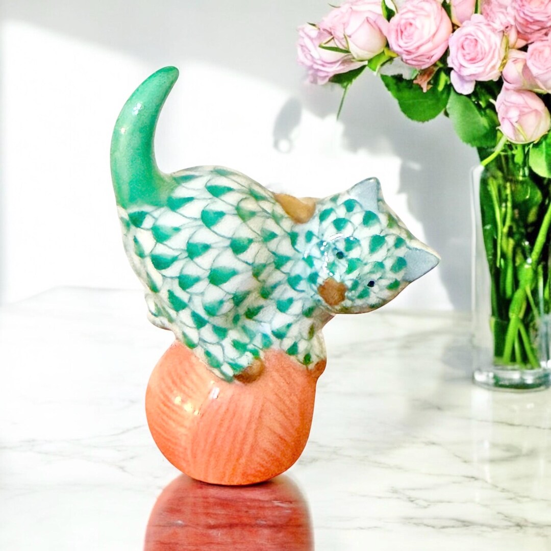 Vintage Herend Pink Fishnet Cat Kitty on a Blue Ball Figurine - Etsy
