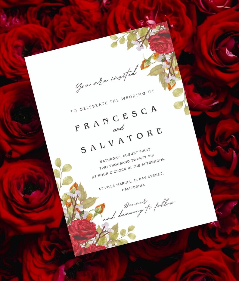 Rose Wedding Invitation, Romantic Wedding Card, Red Wedding Invite ...